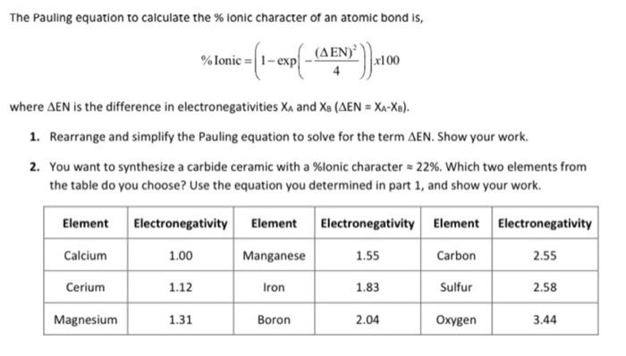 Solved The Pauling equation to calculate the % Ionic | Chegg.com