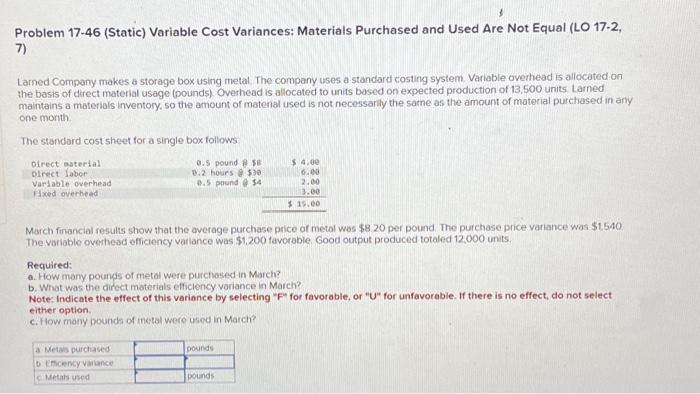 Solved ļ Problem 17-46 (Static) Variable Cost Variances: | Chegg.com