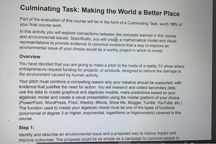 Culminating Task: Making the World a Better Place | Chegg.com