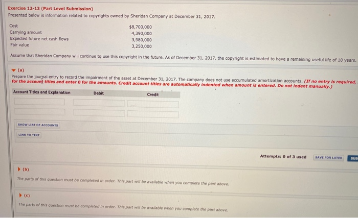 Solved Exercise 12-13 (Part Level Submission) Presented | Chegg.com Solved Exercise 12-13 (Part Level Submission) Presented | Chegg.com