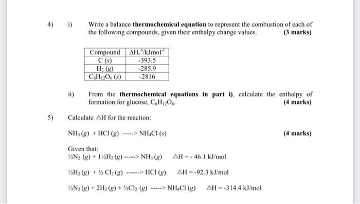 Solved i) Write a balance thermochemical equation to | Chegg.com