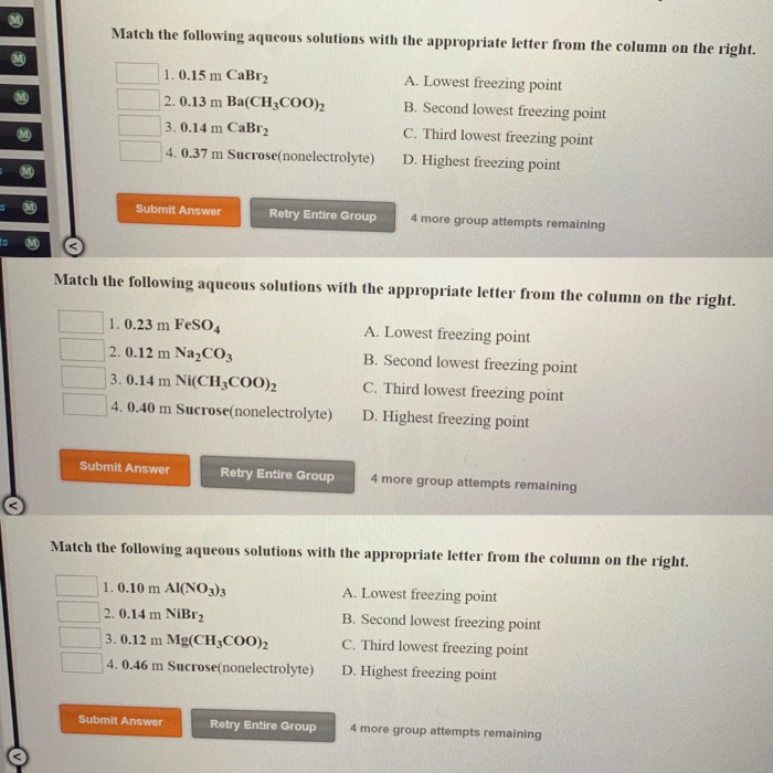 Solved Match the following aqueous solutions with the | Chegg.com