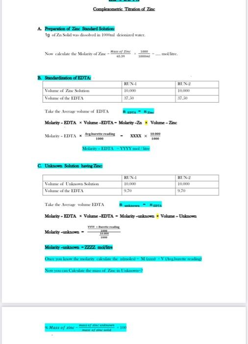 Complexometric Titration of Zinc A Preparation of | Chegg.com