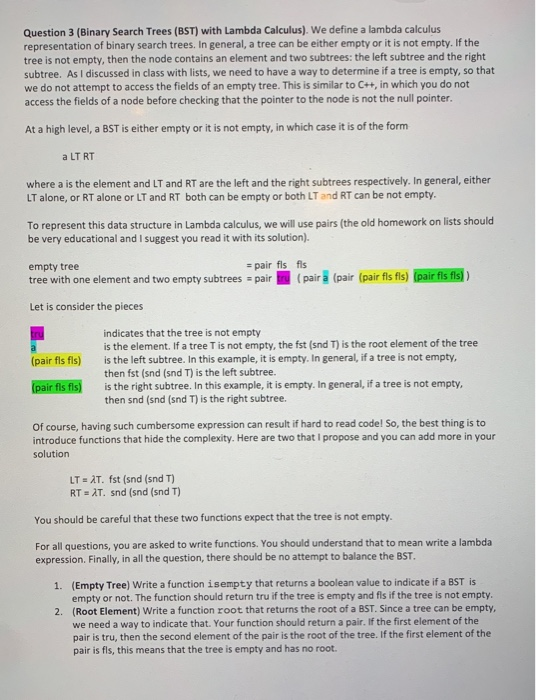 Question 3 (Binary Search Trees (BST) with Lambda | Chegg.com