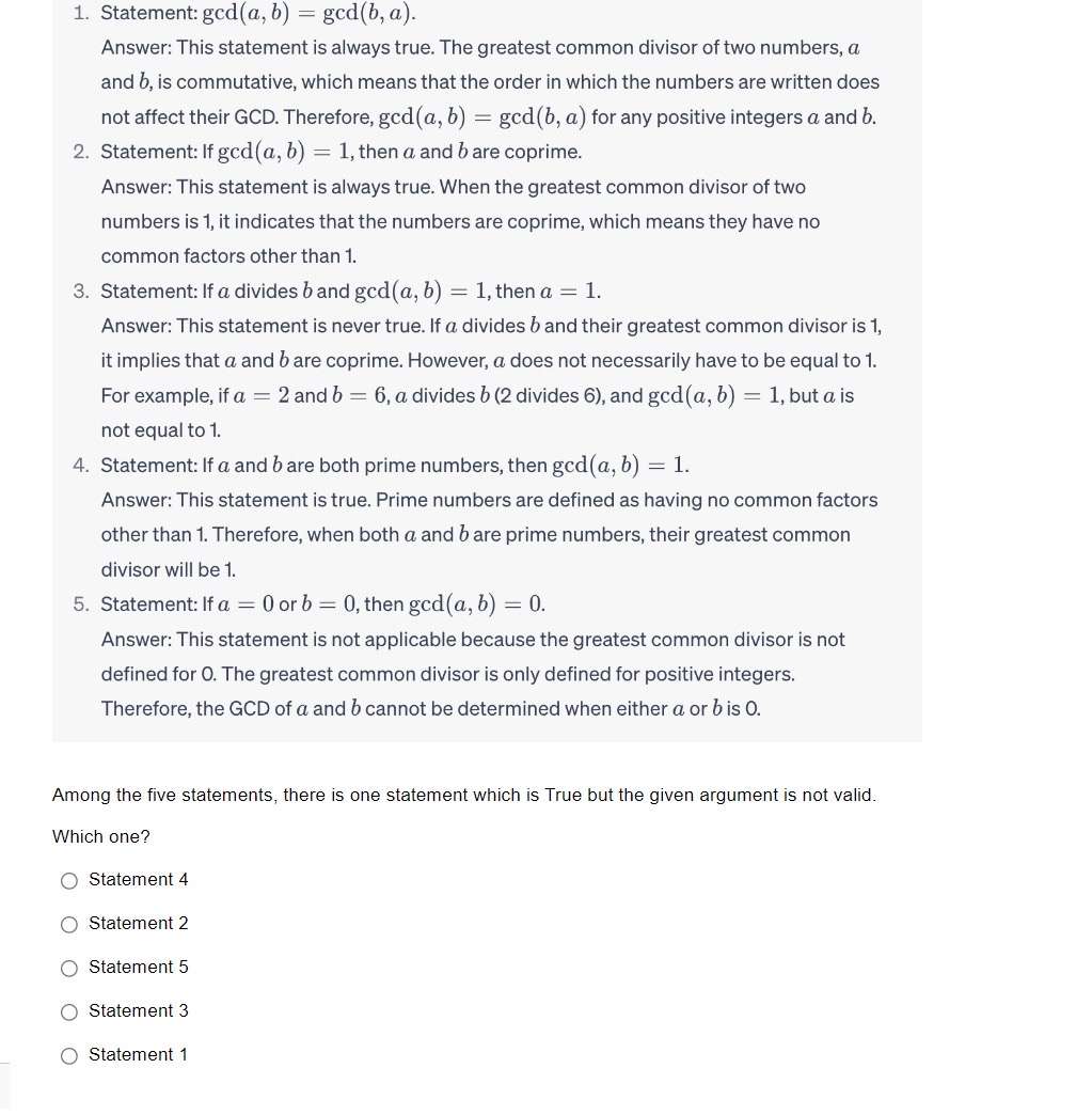 Solved Statement: gcd(a,b)=gcd(b,a).Answer: This statement | Chegg.com