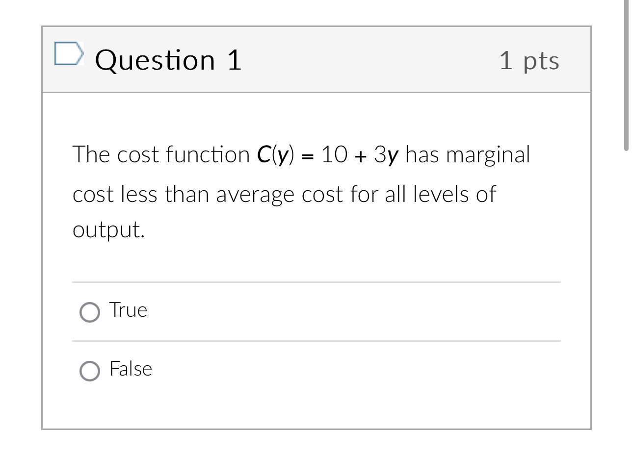 Solved Question 11ptsThe cost function C(y)=10+3y ﻿has | Chegg.com