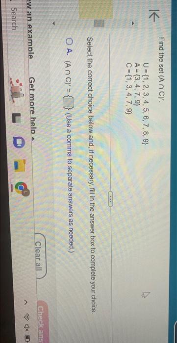 Solved Find the set (A∩C)′. | Chegg.com