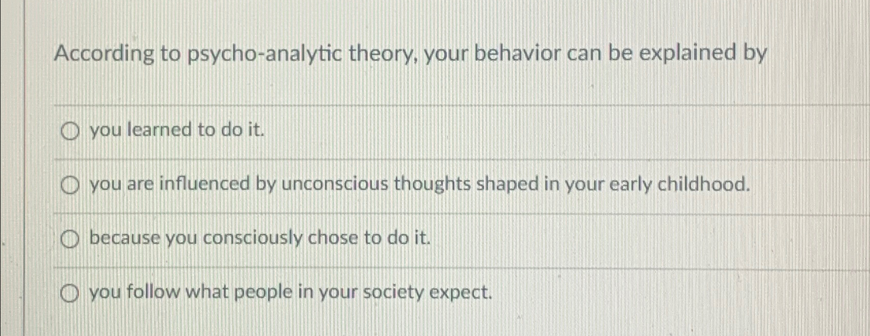 Solved According to psycho-analytic theory, your behavior | Chegg.com