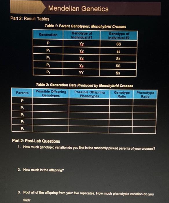 Mendelian Genetics Part 2: Result Tables Table 1: | Chegg.com