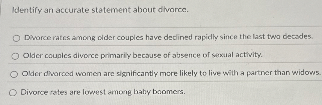 Solved Identify an accurate statement about divorce.Divorce | Chegg.com
