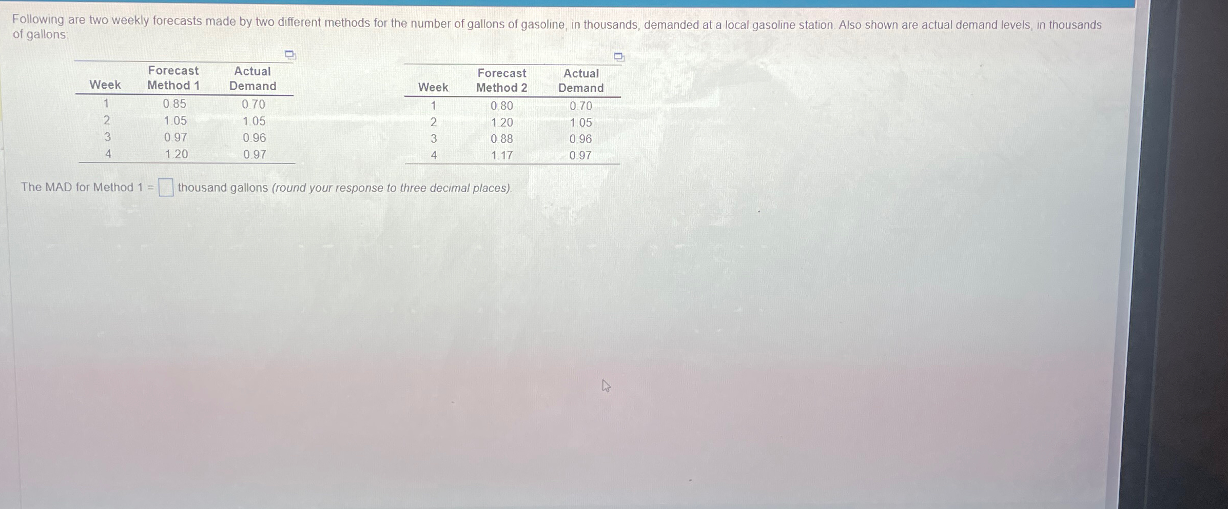 Solved of gallons\table[[Week,\table[[Forecast],[Method | Chegg.com