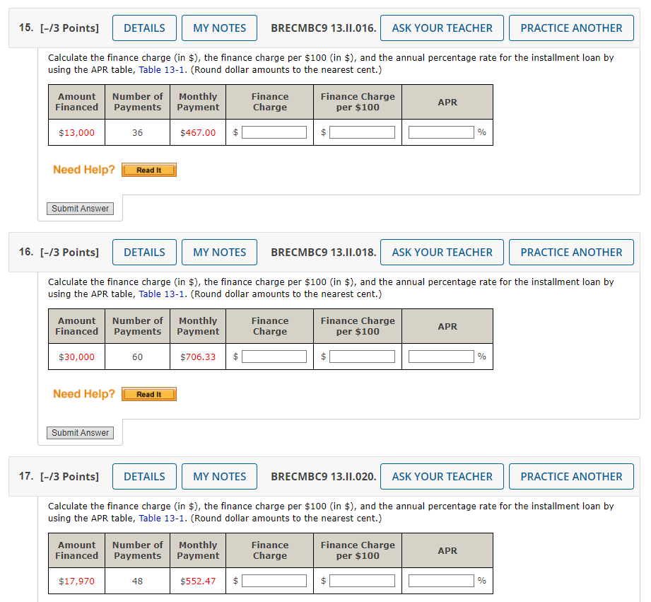 Solved BRECMBC9 13.II.016.Calculate the finance charge (in $ | Chegg.com