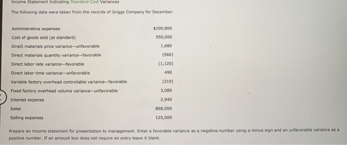 Solved Income Statement Indicating Standard Cost Variances | Chegg.com