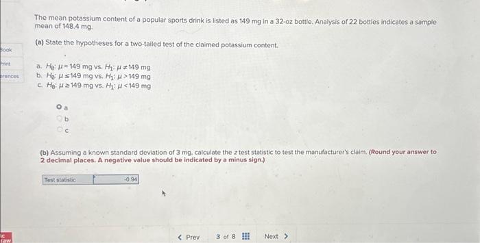 Solved The mean potassium content of a popular sports drink | Chegg.com