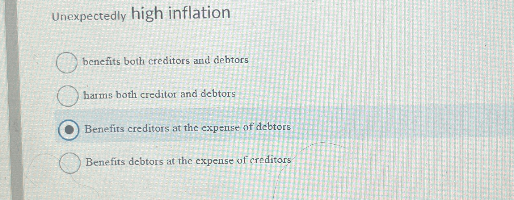 Solved Unexpectedly high inflationbenefits both creditors | Chegg.com
