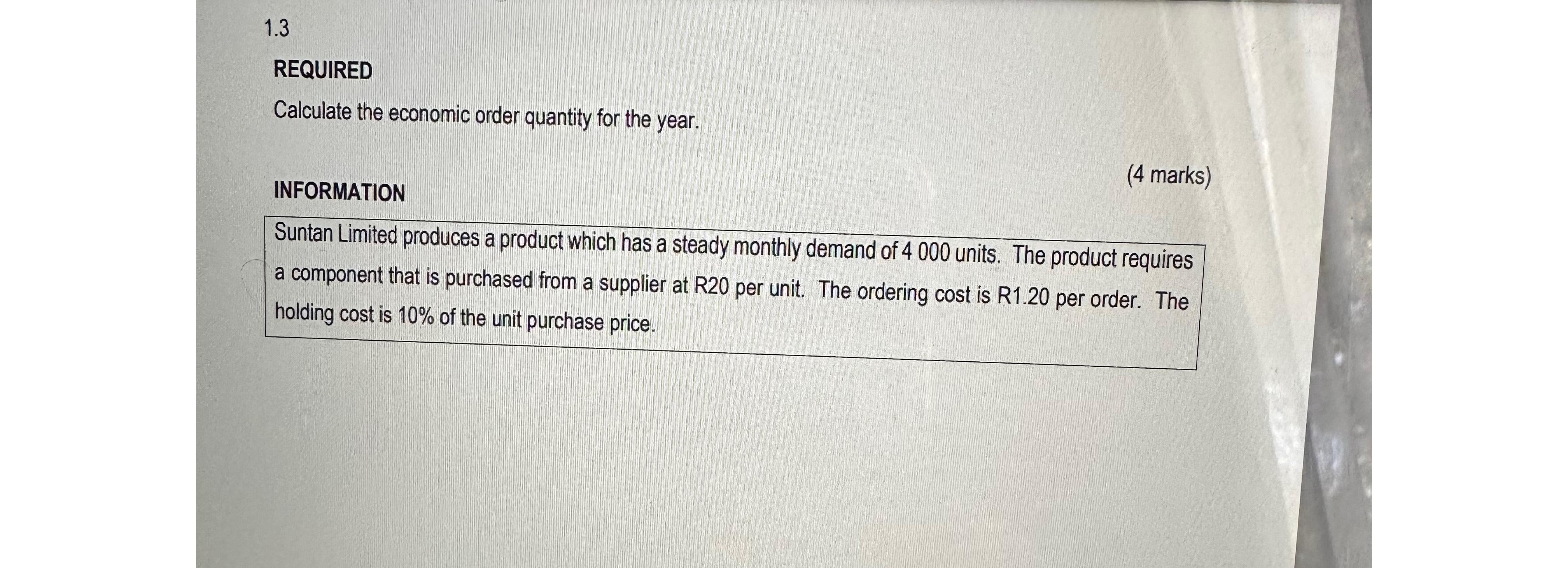 Solved 1.3REQUIREDCalculate the economic order quantity for | Chegg.com