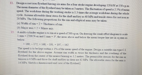 Solved 12. Design a cast iron flywheel having six arms for a | Chegg.com
