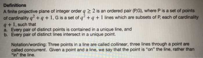 Definitions A finite projective plane of integer | Chegg.com