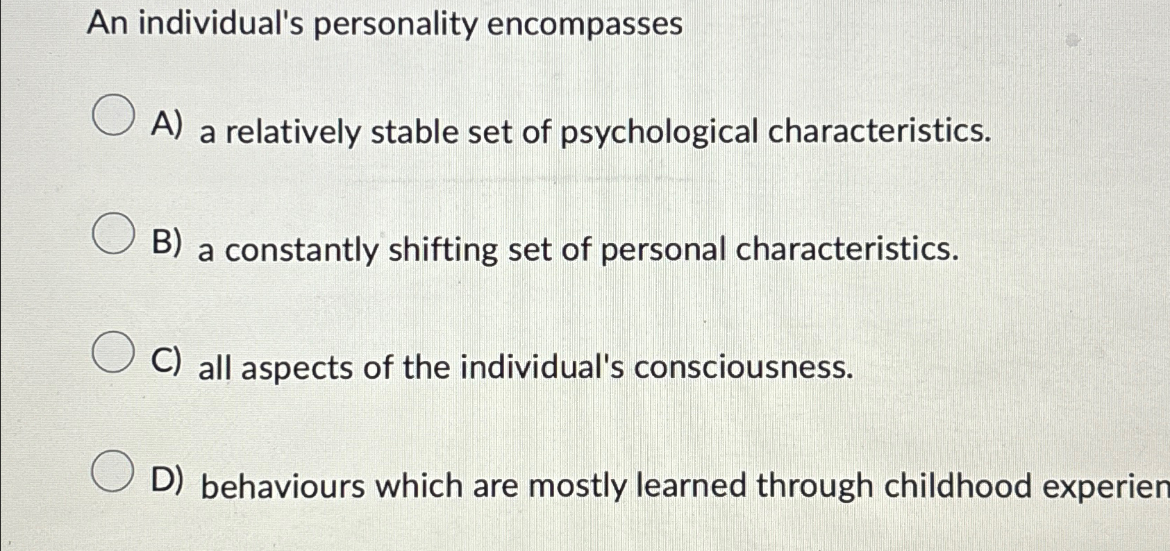 Solved An individual's personality encompassesA) ﻿a | Chegg.com