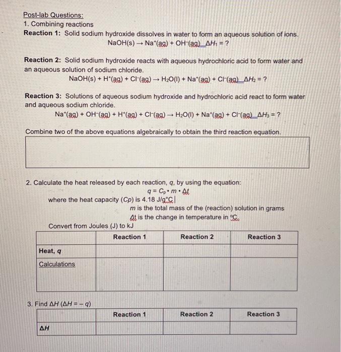 Solved Panoutan.Post-lab Questions: 1. Combining reactions | Chegg.com