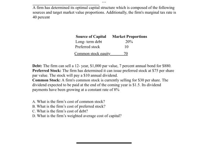 Solved A firm has determined its optimal capital structure | Chegg.com