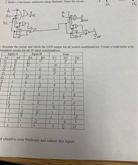 Solved 1 Build A 2 Bit Binary Subtractor Using Multisim 