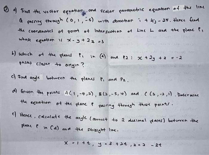 (2) a) Find the vector equation and scalar parametric | Chegg.com