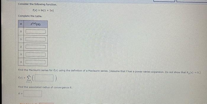 Solved Consider the following function. R(x)=ln(1+5x) | Chegg.com