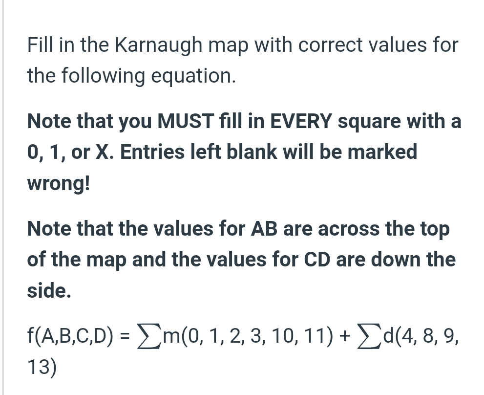 Solved Fill in the Karnaugh map with correct values for the | Chegg.com