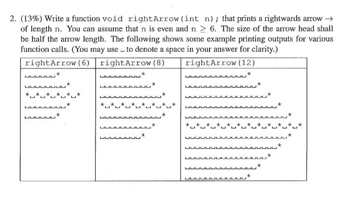 Solved 2. (13\%) Write a function void rightArrow (int n ) ; | Chegg.com