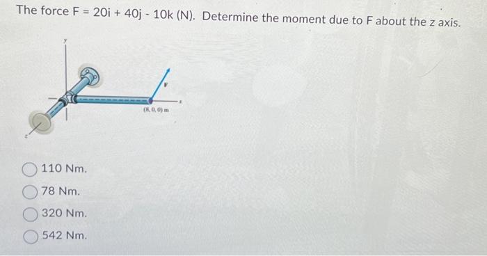 Solved The force F=20i+40j−10k(N). Determine the moment due | Chegg.com