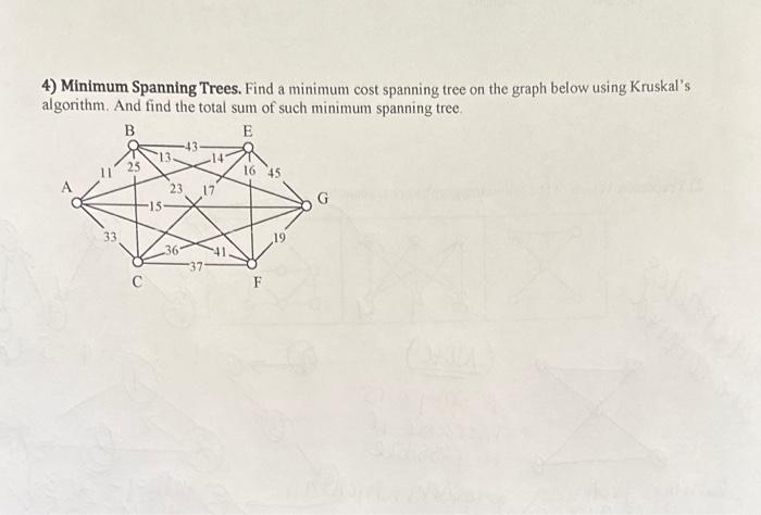 Solved 4) Minimum Spanning Trees. Find a minimum cost | Chegg.com