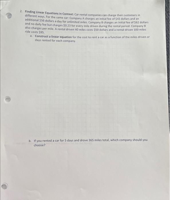 Solved 2. Finding Linear Equations in Context: Car rental | Chegg.com