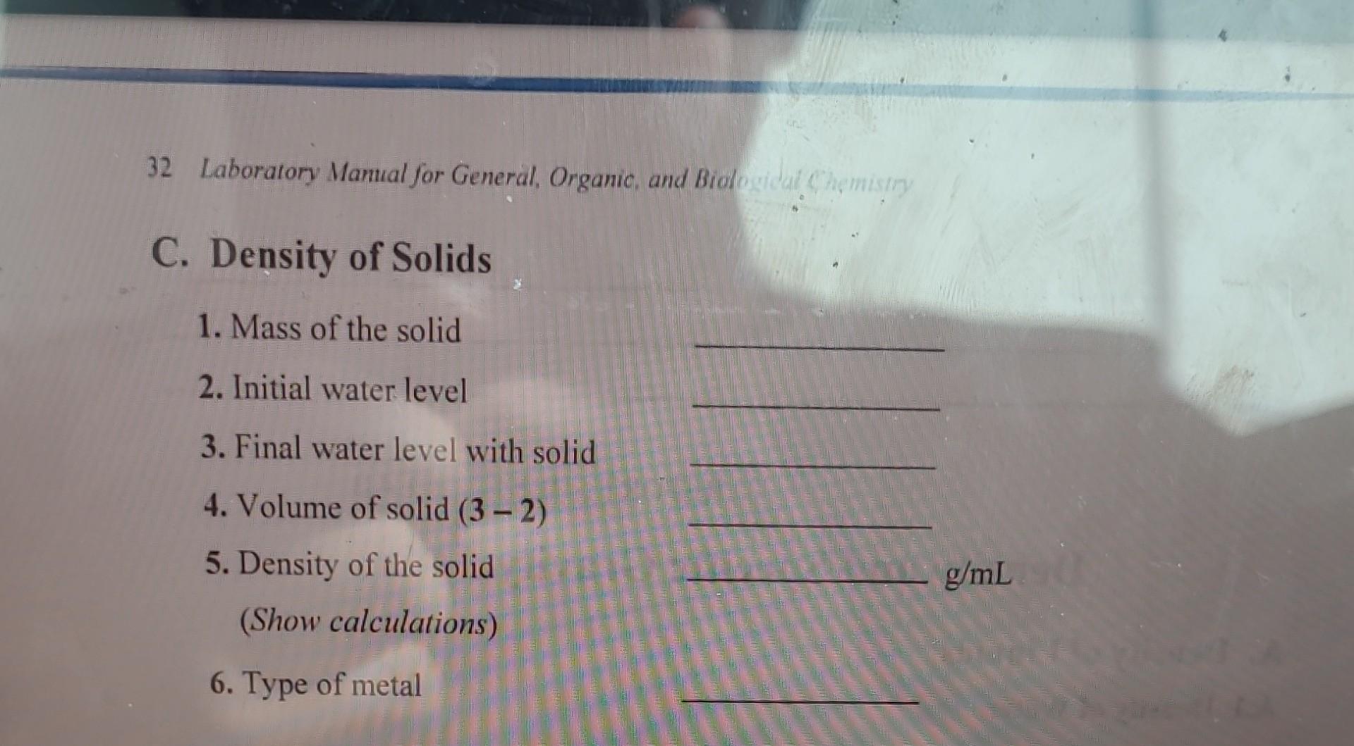 C. Density of Solids 1. Mass of the solid 2. Initial | Chegg.com
