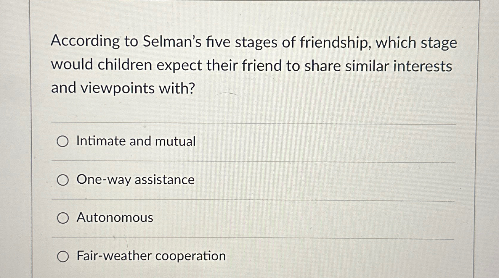 Solved According to Selman's five stages of friendship, | Chegg.com