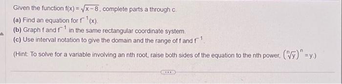 Solved Given the function f(x)=x−8, complete parts a through | Chegg.com