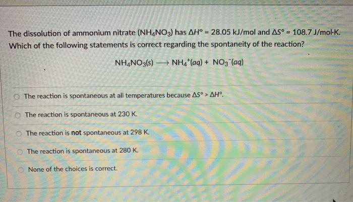 Solved The dissolution of ammonium nitrate (NH4NO3) has AH° | Chegg.com
