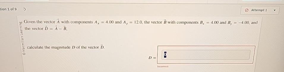 Solved tion 1 of 9\\non Given the vector vec(A) with | Chegg.com