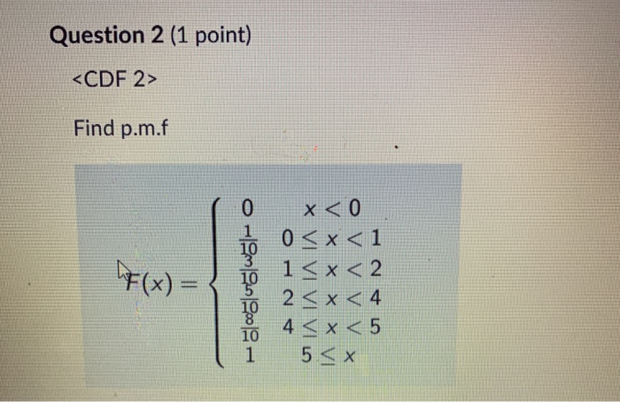 Solved Question 2 (1 point) Find p.m.f h7(x) = { 0-19mm | Chegg.com