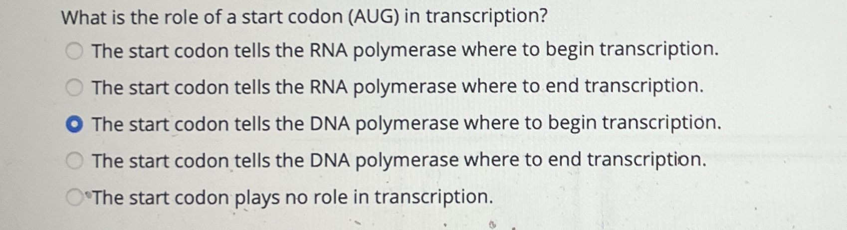 Solved What is the role of a start codon (AUG) ﻿in | Chegg.com