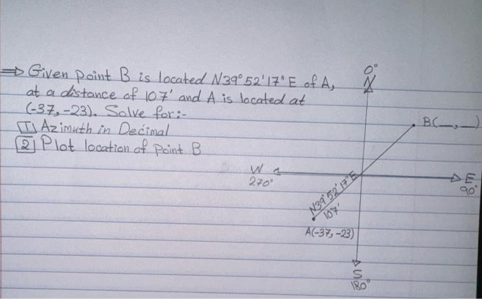 Solved ⇒ Given point B is located N39∘52′17′′E of A, at a | Chegg.com