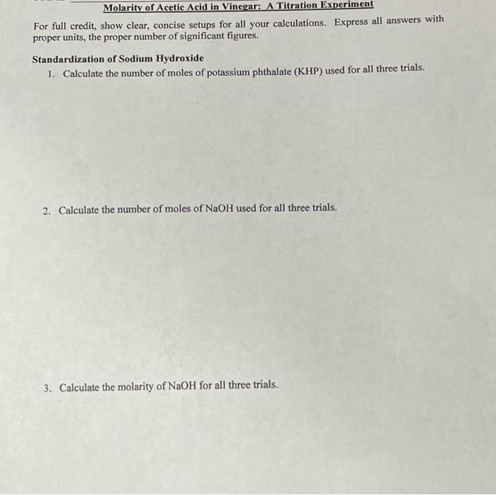 Solved Molarity of Acetic Acid in Vincear: A Titration | Chegg.com