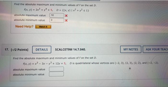 Solved Find the absolute maximum and minimum values of f on | Chegg.com