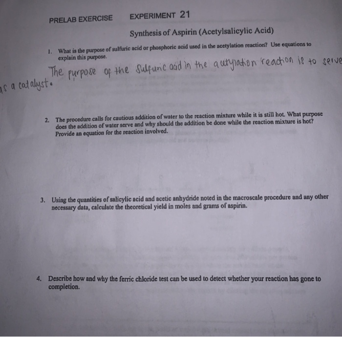 PRELAB EXERCISE EXPERIMENT 21 Synthesis of Aspirin | Chegg.com