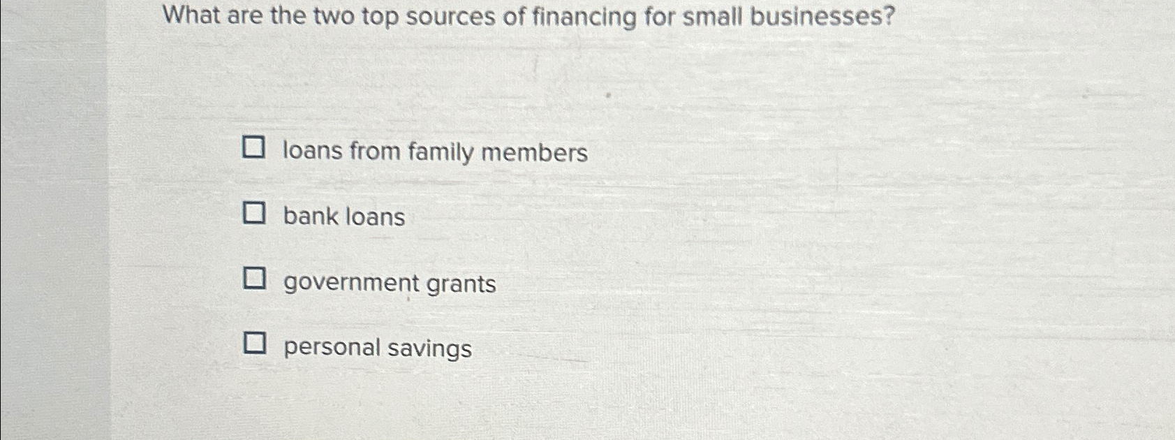 Solved What are the two top sources of financing for small | Chegg.com