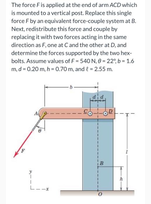 Solved The force F is applied at the end of arm ACD which is | Chegg.com