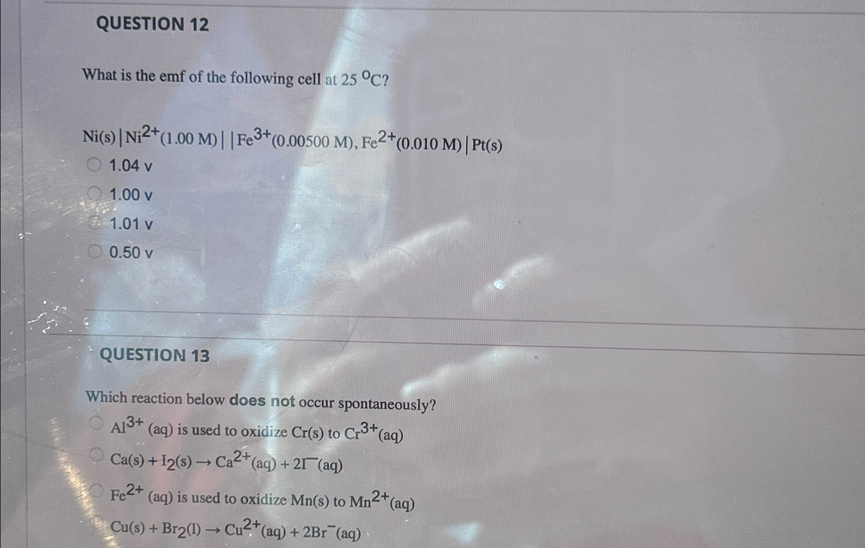 Solved Question 12what Is The Emf Of The Following Cell At 