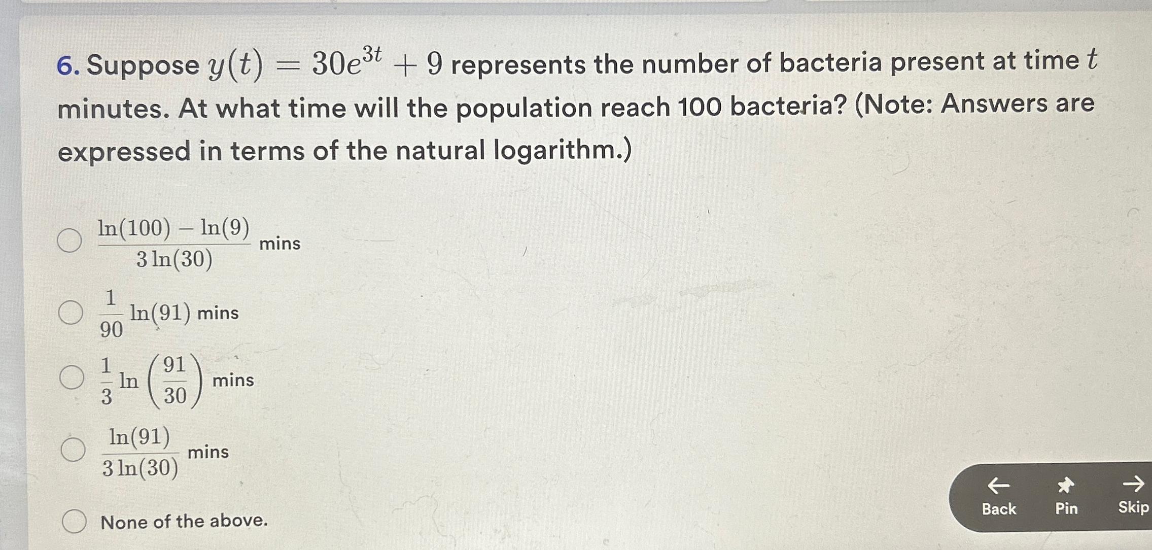 Solved Suppose y(t)=30e3t+9 ﻿represents the number of | Chegg.com