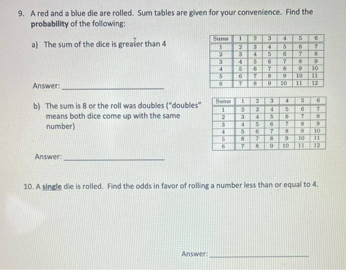 Solved 9. A red and a blue die are rolled. Sum tables are | Chegg.com