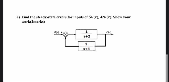 Solved 2) Find the steady-state errors for inputs of 5u(t), | Chegg.com